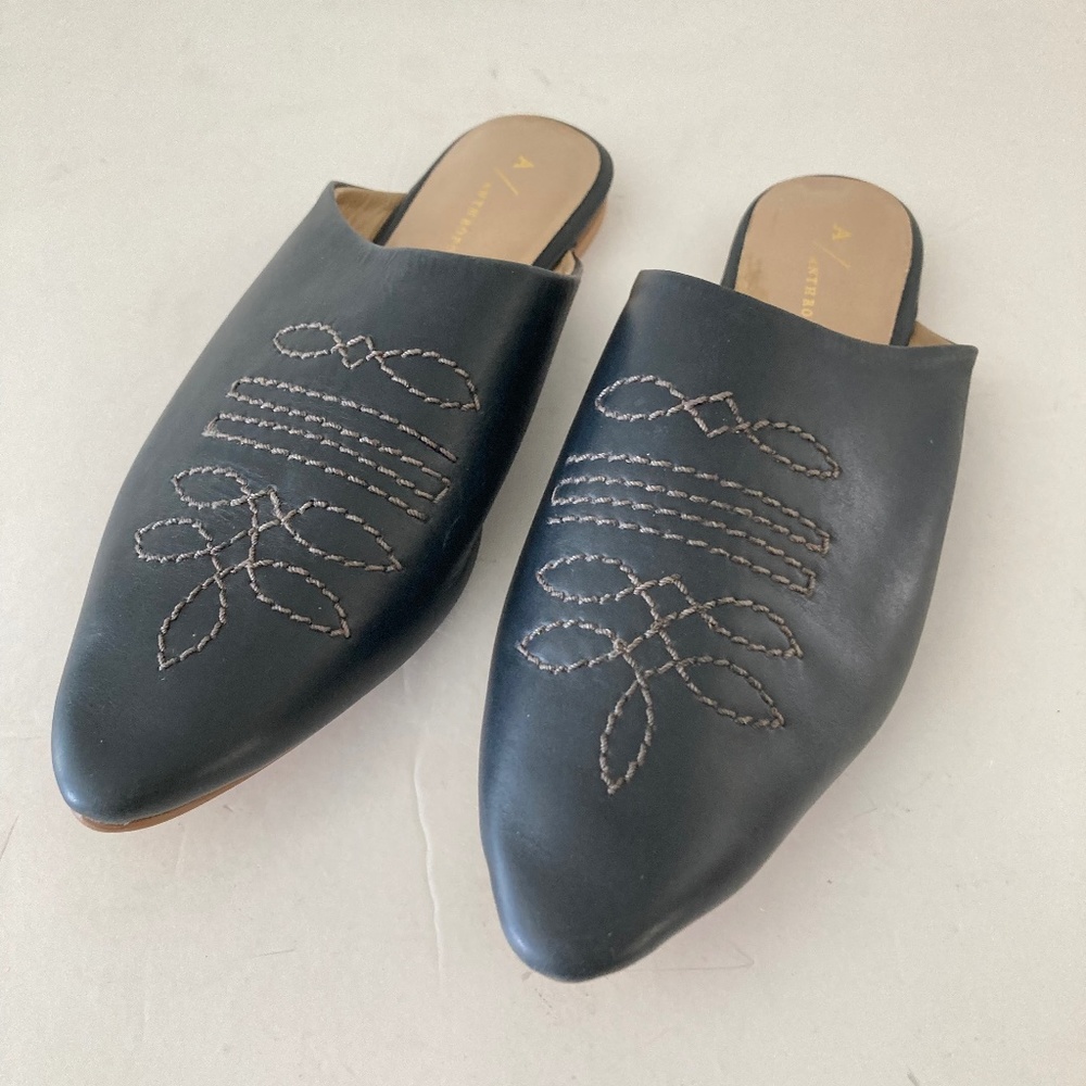 Anthropologie Black Leather Western Mules Sz 37 - Gem
